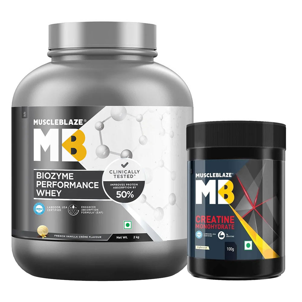 MuscleBlaze Biozyme Performance Whey 2 kg & Creatine Monohydrate 0.22 ...