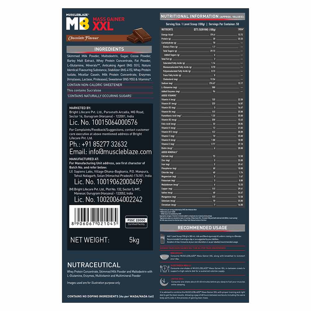 MuscleBlaze Mass Gainer XXL with Carbs & Protein, 11lb /5kg chocolate