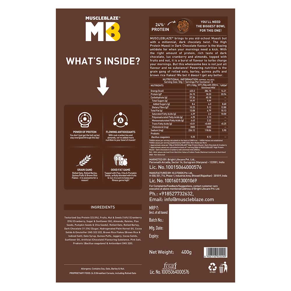 MuscleBlaze High Protein Muesli 0.4Kg, Dark Chocolate & Cranberry