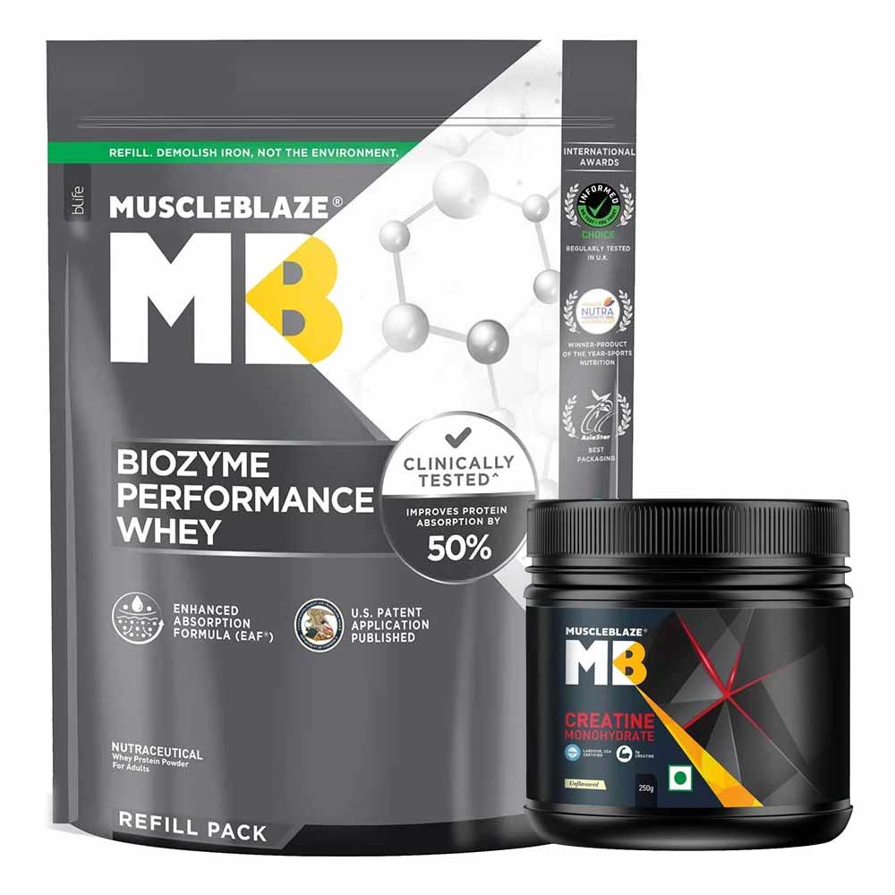 MuscleBlaze Biozyme Performance Whey 1 kg Refill Pack & Creatine ...